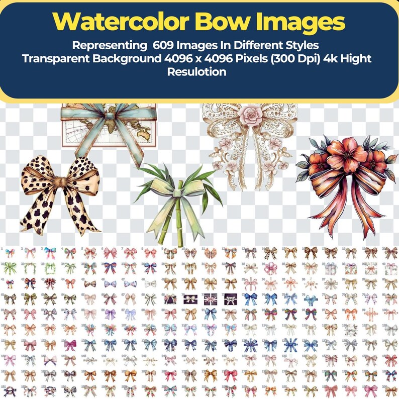 Watercolor Bow Clipart Bundle: 600+ Ribbon Clipart 4K PNG Graphics ...