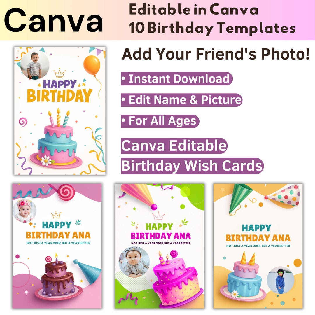 Editable Birthday Card Templates | Canva, Printable (digital Download ...