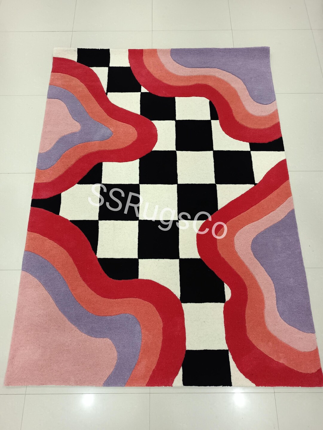 Handmade Checkerboard Wool Rug: Groovy Wavy Design - Etsy