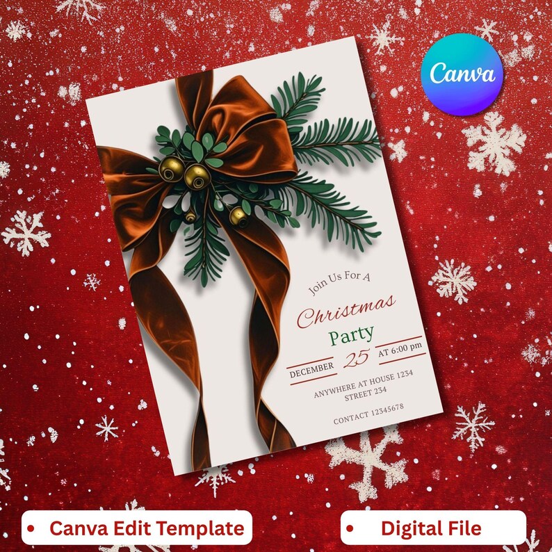 Elegant Christmas Party Invitation Template | Greenery Bow (editable ...