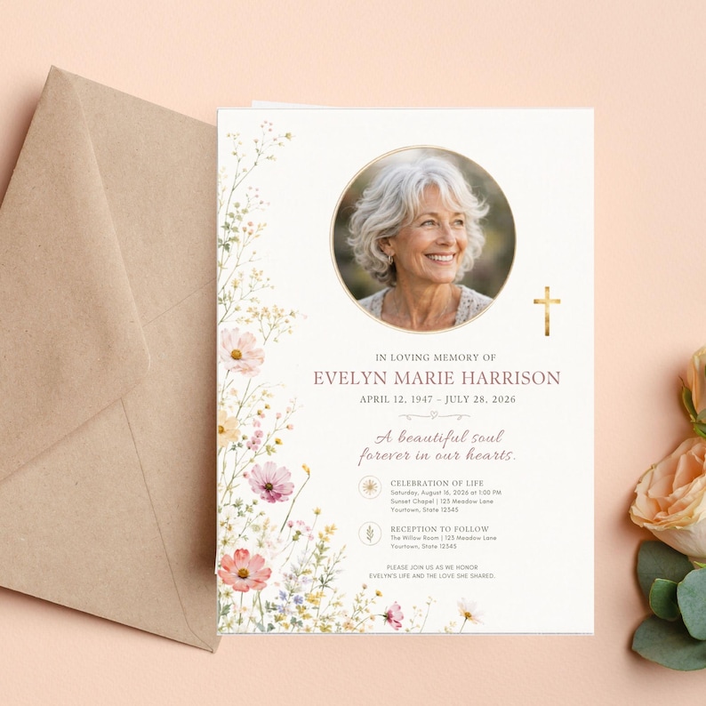 Modern Funeral Invitation, Memorial Announcement, Editable Celebration ...