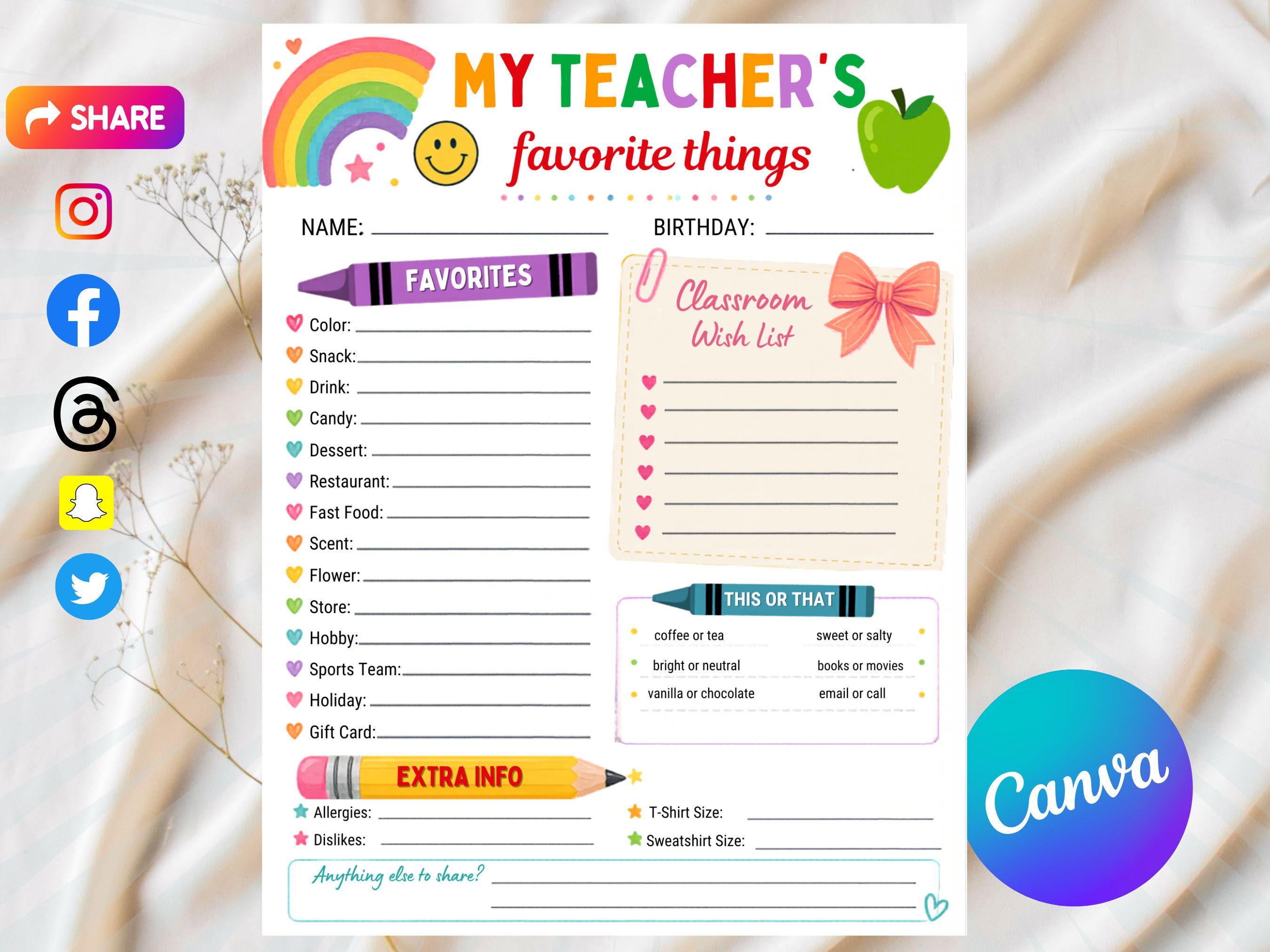 Teacher Favorite Things List Template, Teacher Questionnaire Printable ...