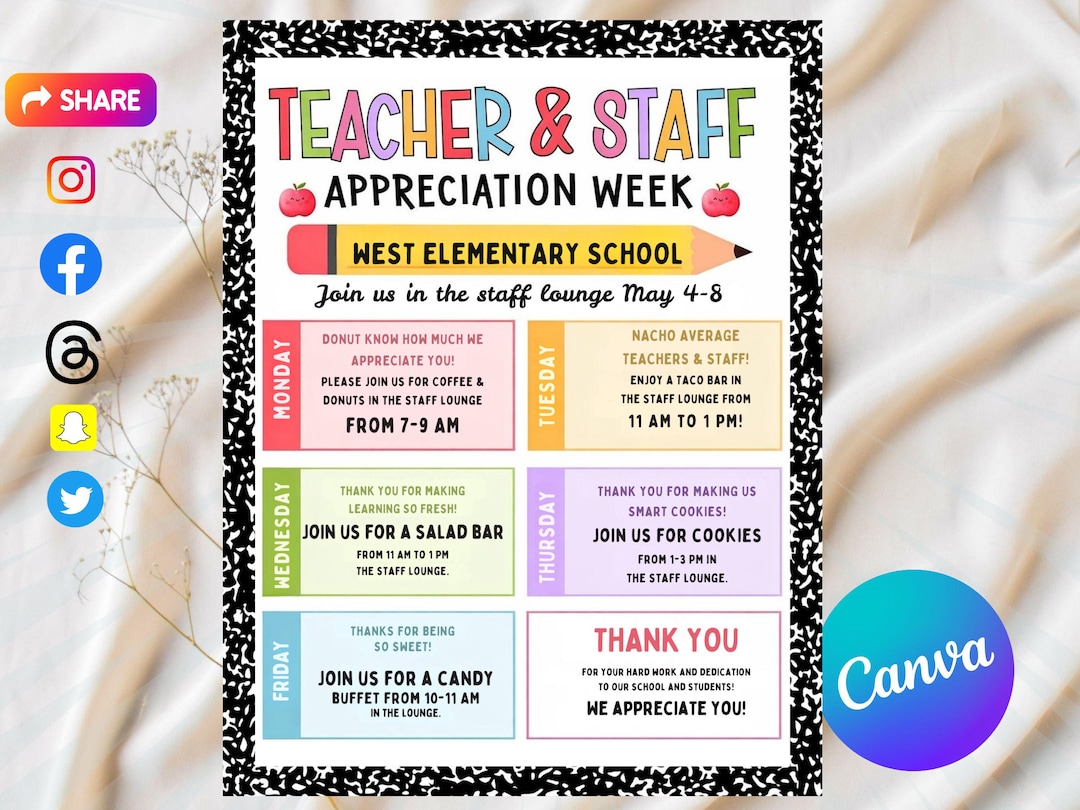 Teacher Appreciation Week Itinerary Flyer Template, Printable Teacher ...