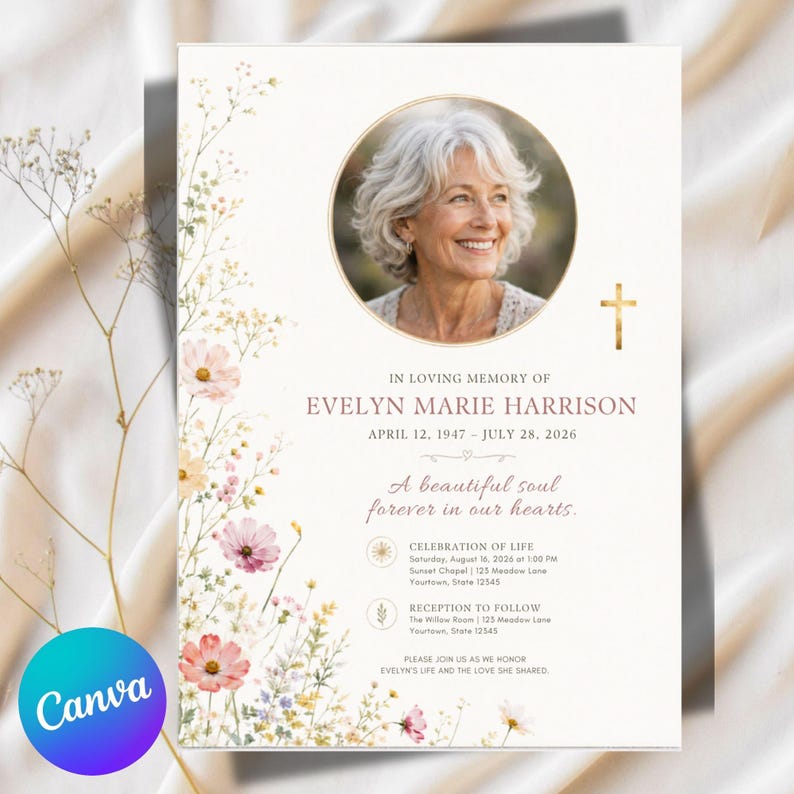 Modern Funeral Invitation, Memorial Announcement, Editable Celebration ...