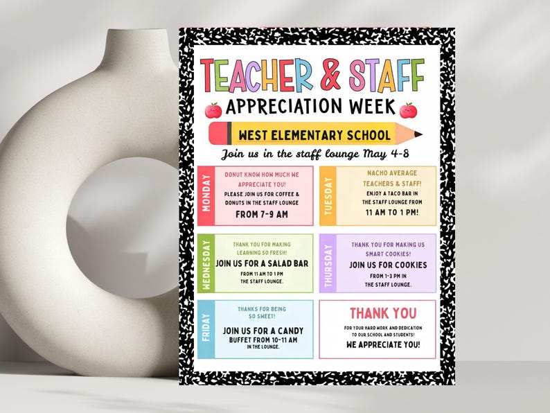 Teacher Appreciation Week Itinerary Flyer Template, Printable Teacher ...