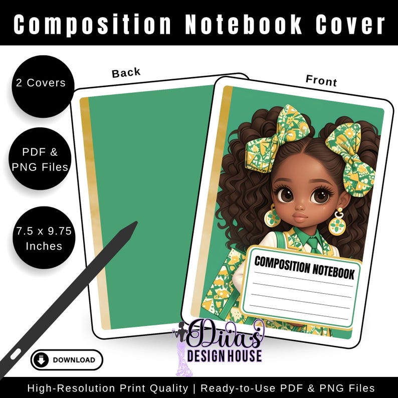 Green Girl Notebook Cover | Afrocentric School Printable | 7.5x9.75 PDF ...