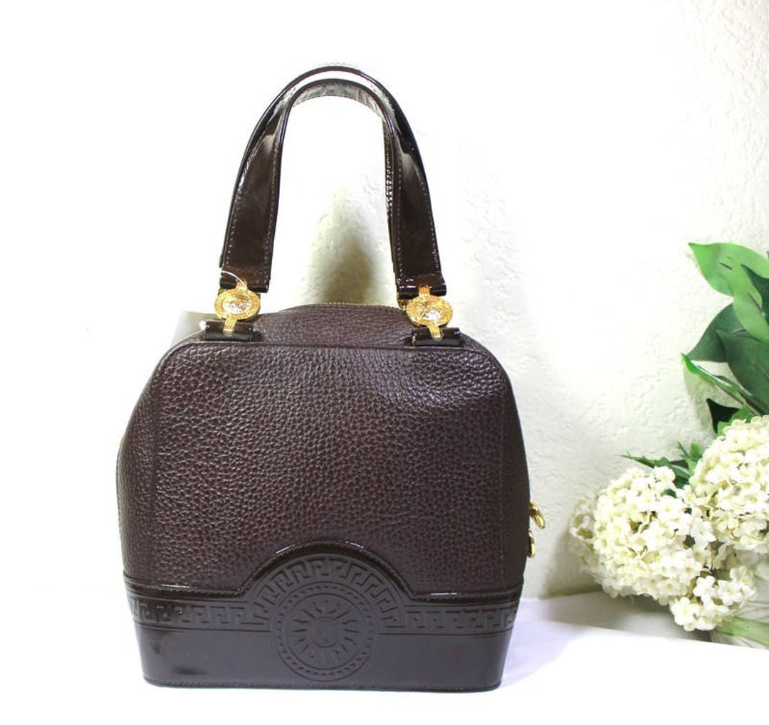 Vinatage Gianni VERSACE Chocolate Brown Leather Small Tote Hand Bag Bag ...