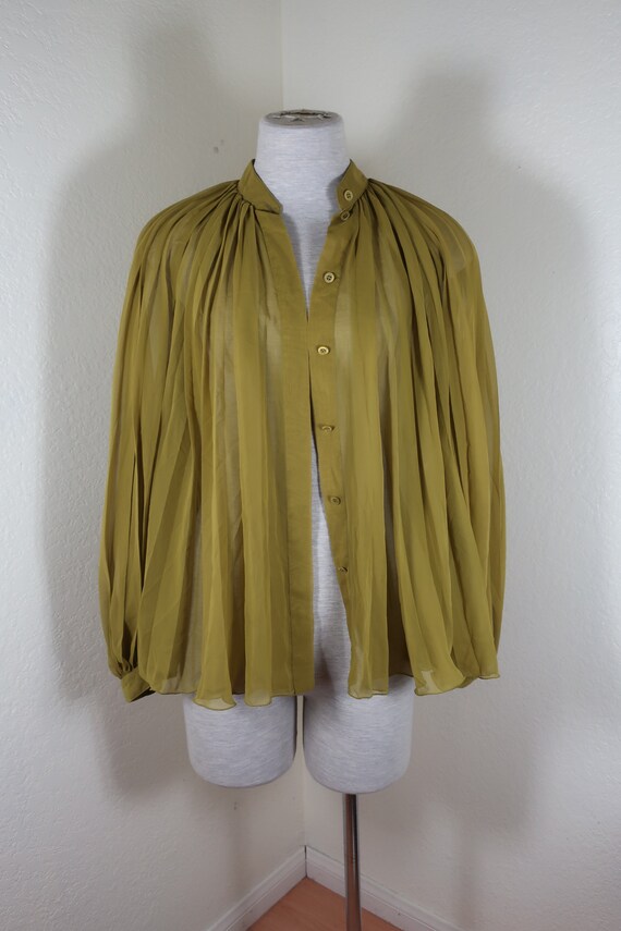 GUCCI Mustard Green Loose Pleated Mesh Long Sleeve Bl… - Gem