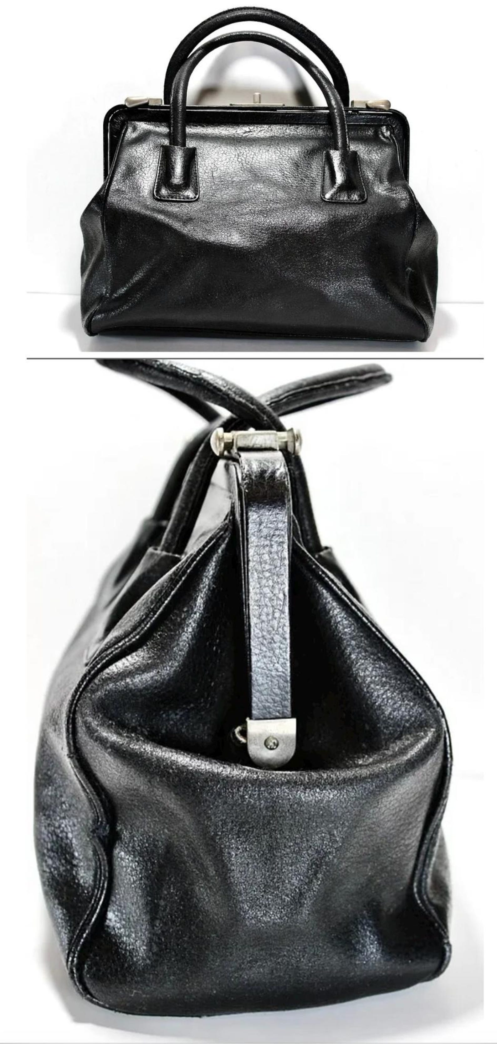 Vintage PRADA Black Leather Metal Frame Dr Bag Cerniera Double Handle ...