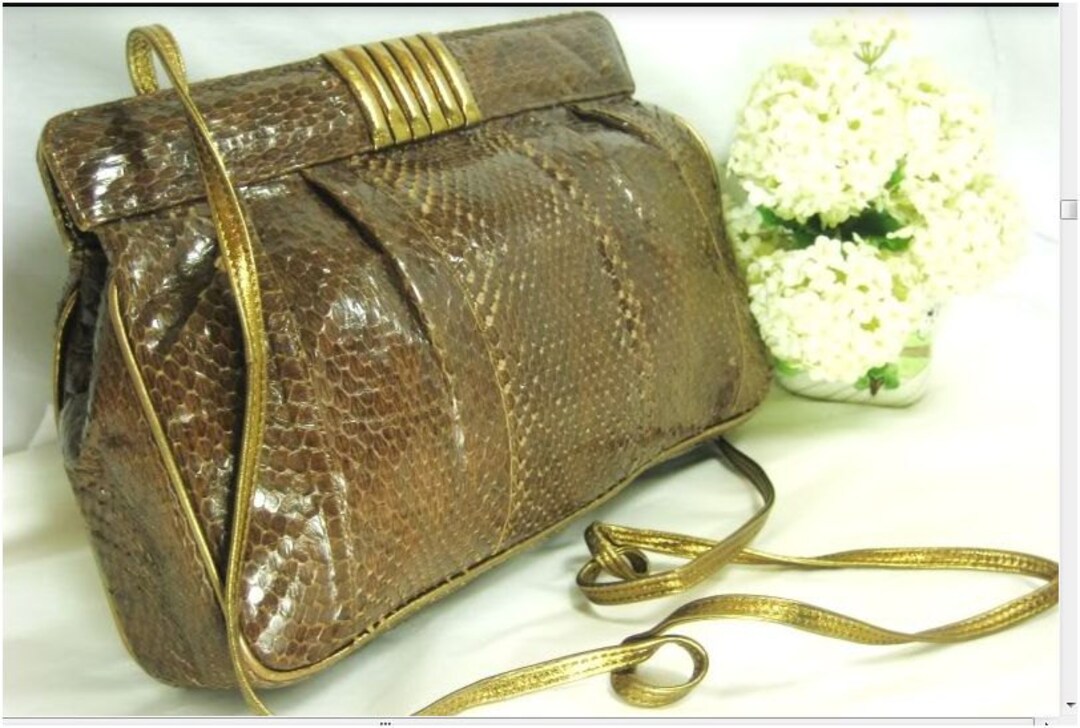 Vintage BARBARA BOLAN Rich Brown Snake Skin Clutch Shoulder Sling Bag ...