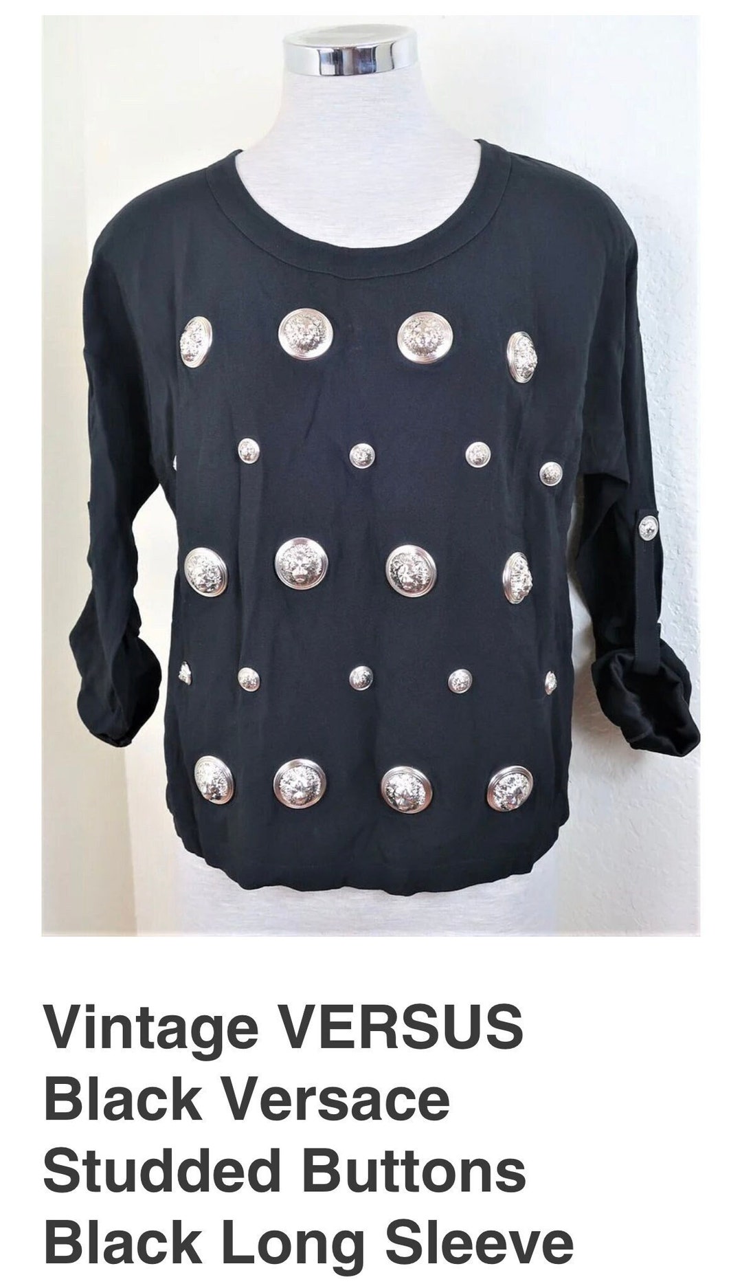 Vintage VERSUS Black Versace Studded Buttons Black Long Sleeve Top ...