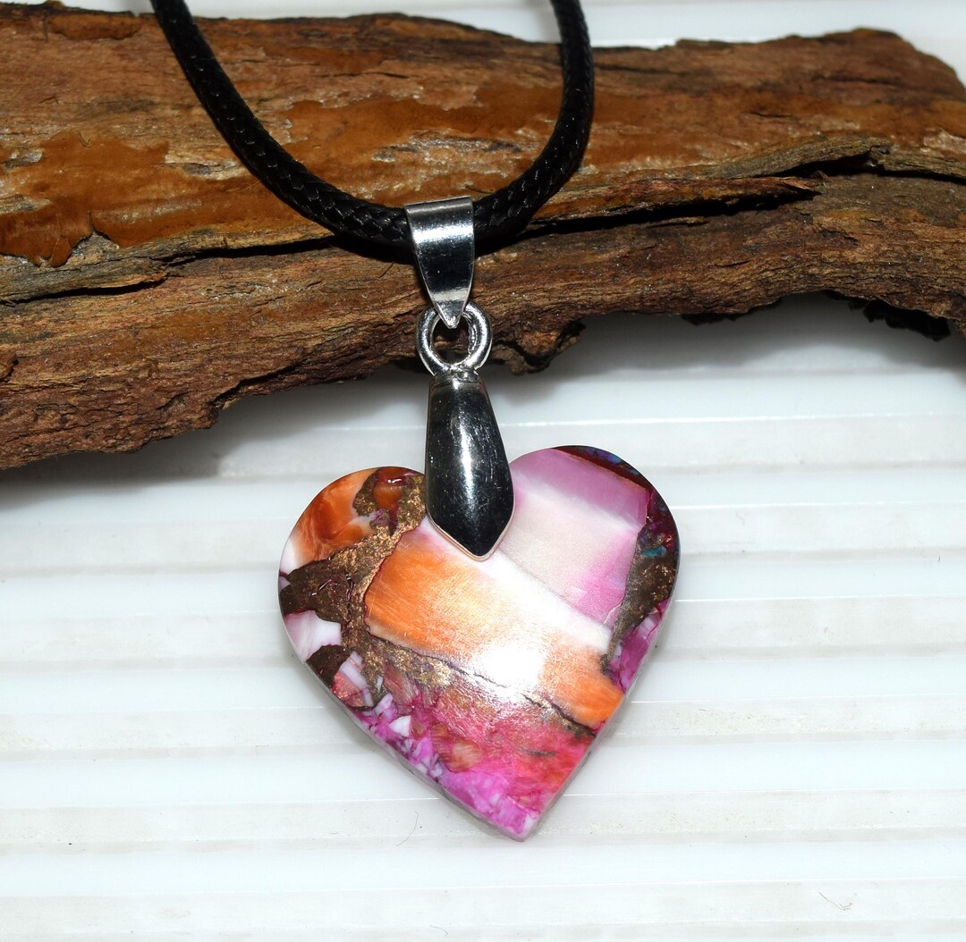 Pink Spiny Oyster Turquoise Heart Pendant Necklace | Natural Shell ...