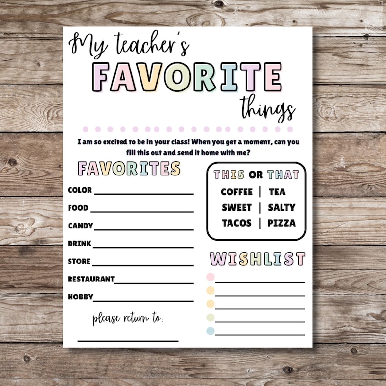 Teacher's Favorite Things Printable: Back to School Gift (PDF Download ...