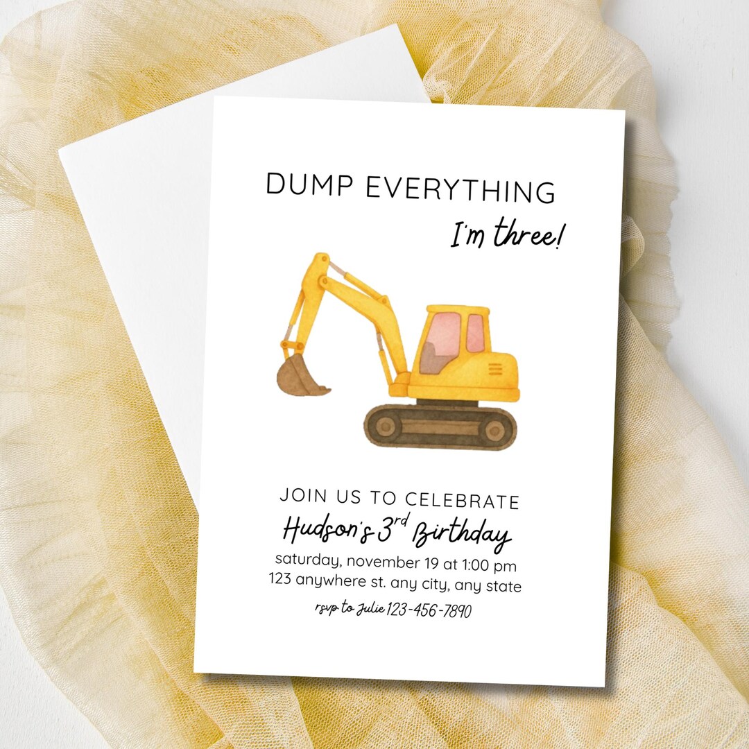 Excavator Birthday Invitation Template: Construction Party Invite (5x7 ...