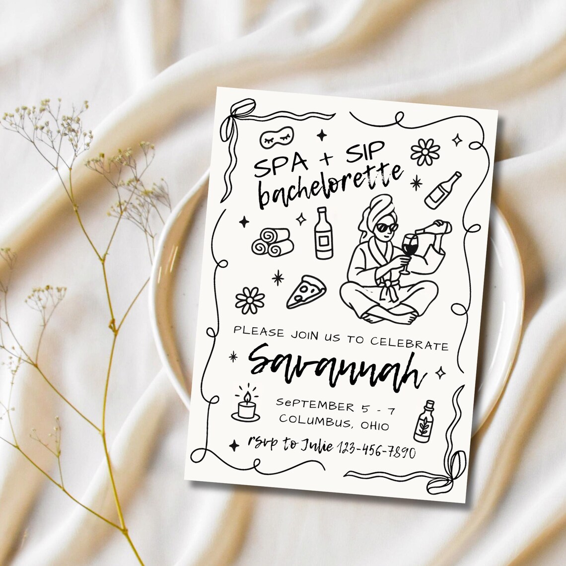 Spa & Sip Bachelorette Party Invite: Relaxed Girls Night in (editable ...