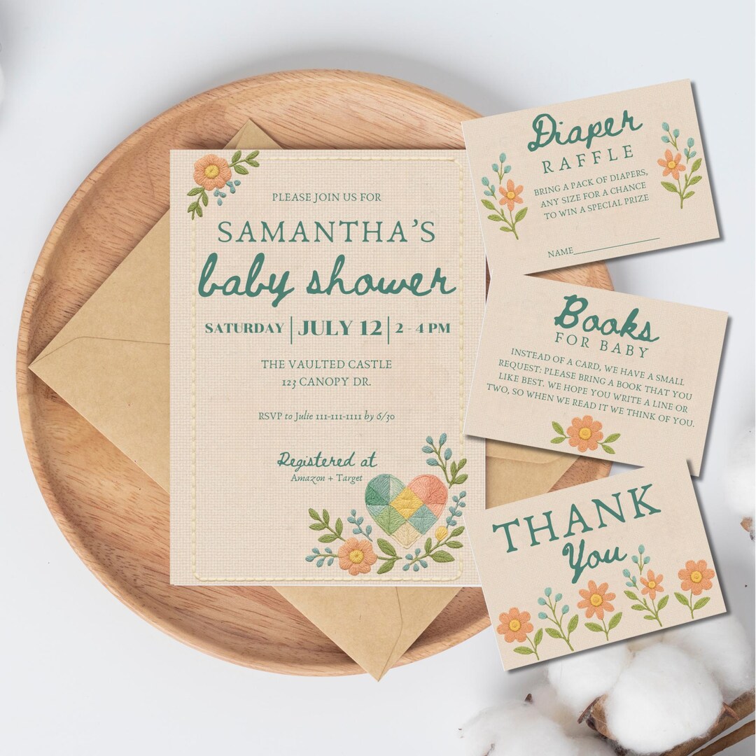 Vintage Embroidery Invite SET, Baby Shower, Floral Embroider, Classic ...