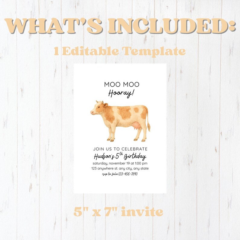 Cow Birthday Invitation Template: Farm Party Invite (5x7" Digital ...