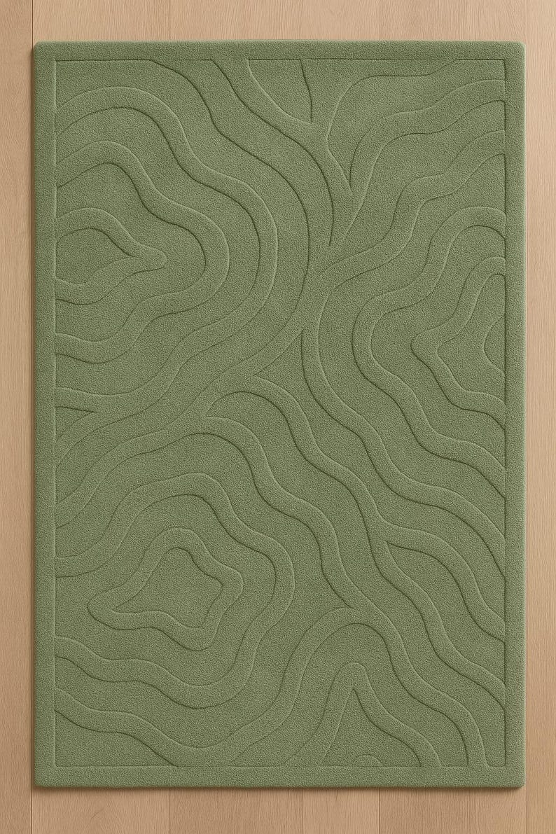 Modern Sage Green Topographic Line Textured Rug Minimalist Scandinavian ...