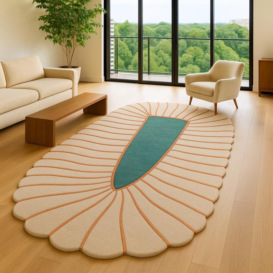 Oval Wool Area Rug 6x10: Teal, Beige, Orange Flower, Hand-tufted - Etsy