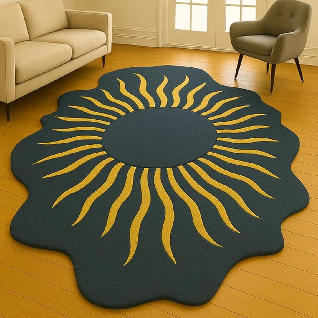 Sunburst Amoeba Rug 6x9 Black and Gold Abstract Sun Carpet Modern Wavy ...