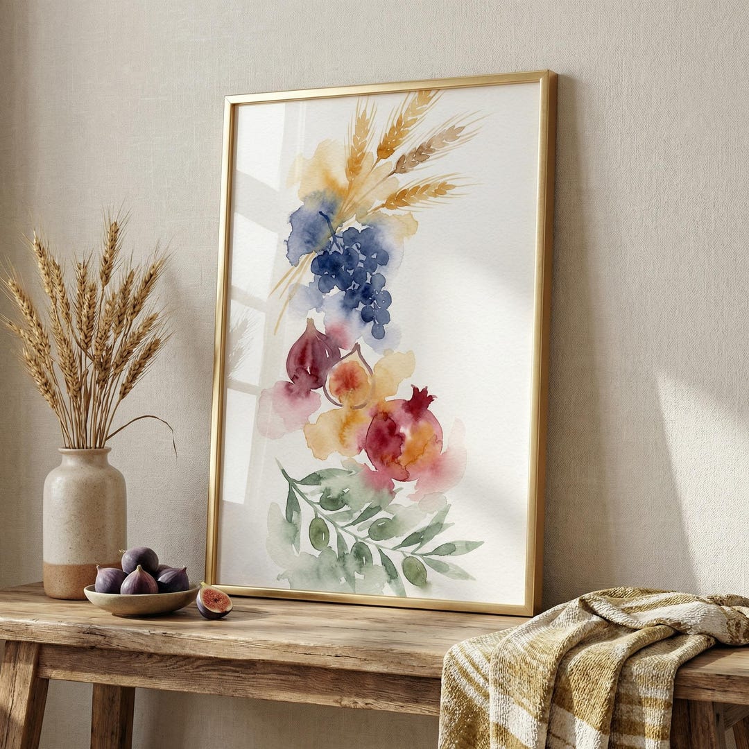 Tu Bishvat Print – Seven Species Shivat Haminim Watercolor Wall Art - Etsy