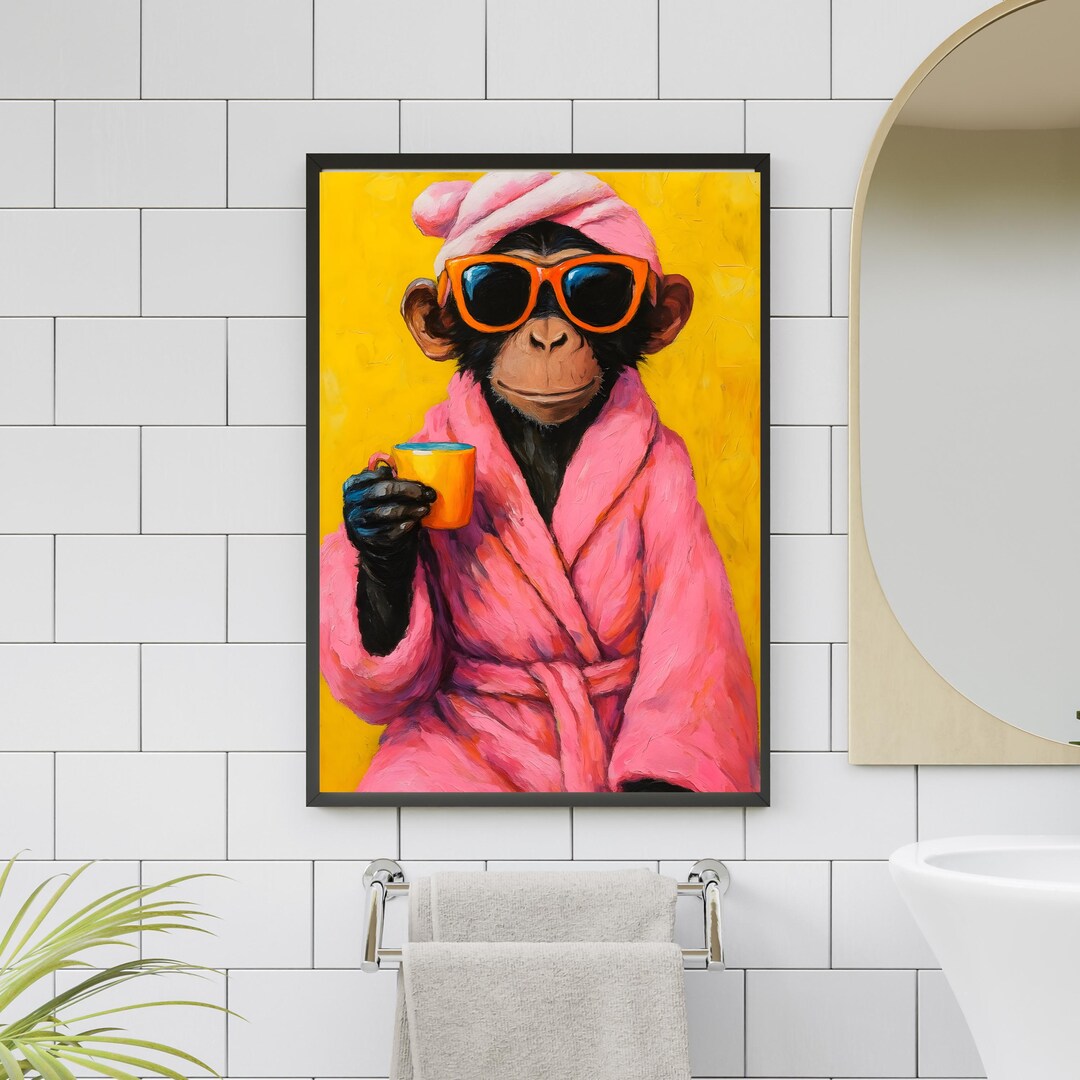 Funny Monkey in Pink Robe Art Print, Bathroom Spa Decor (digital ...