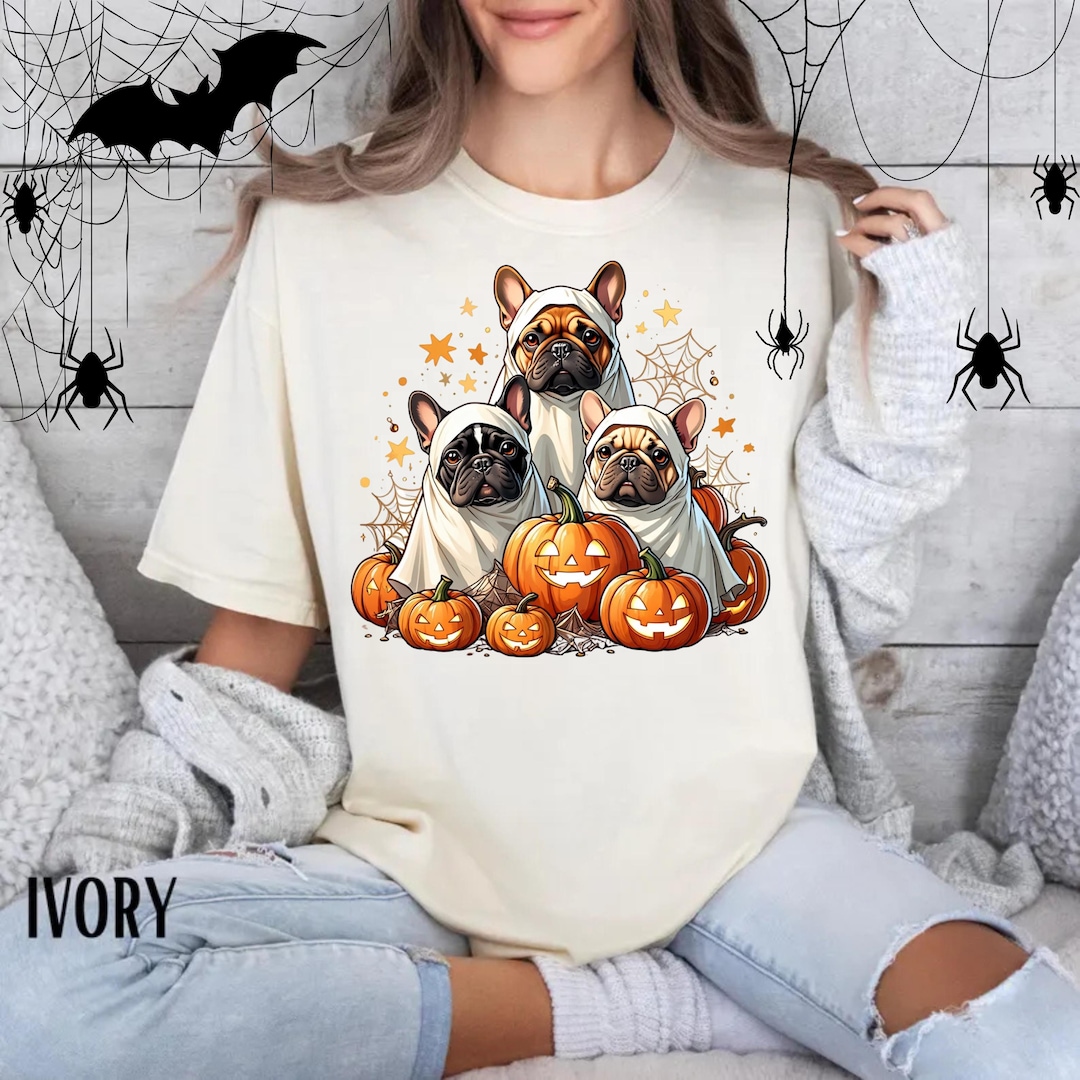 Halloween French Bulldog Ghost Costume Shirt, Cute Pumpkin Dog Graphic ...