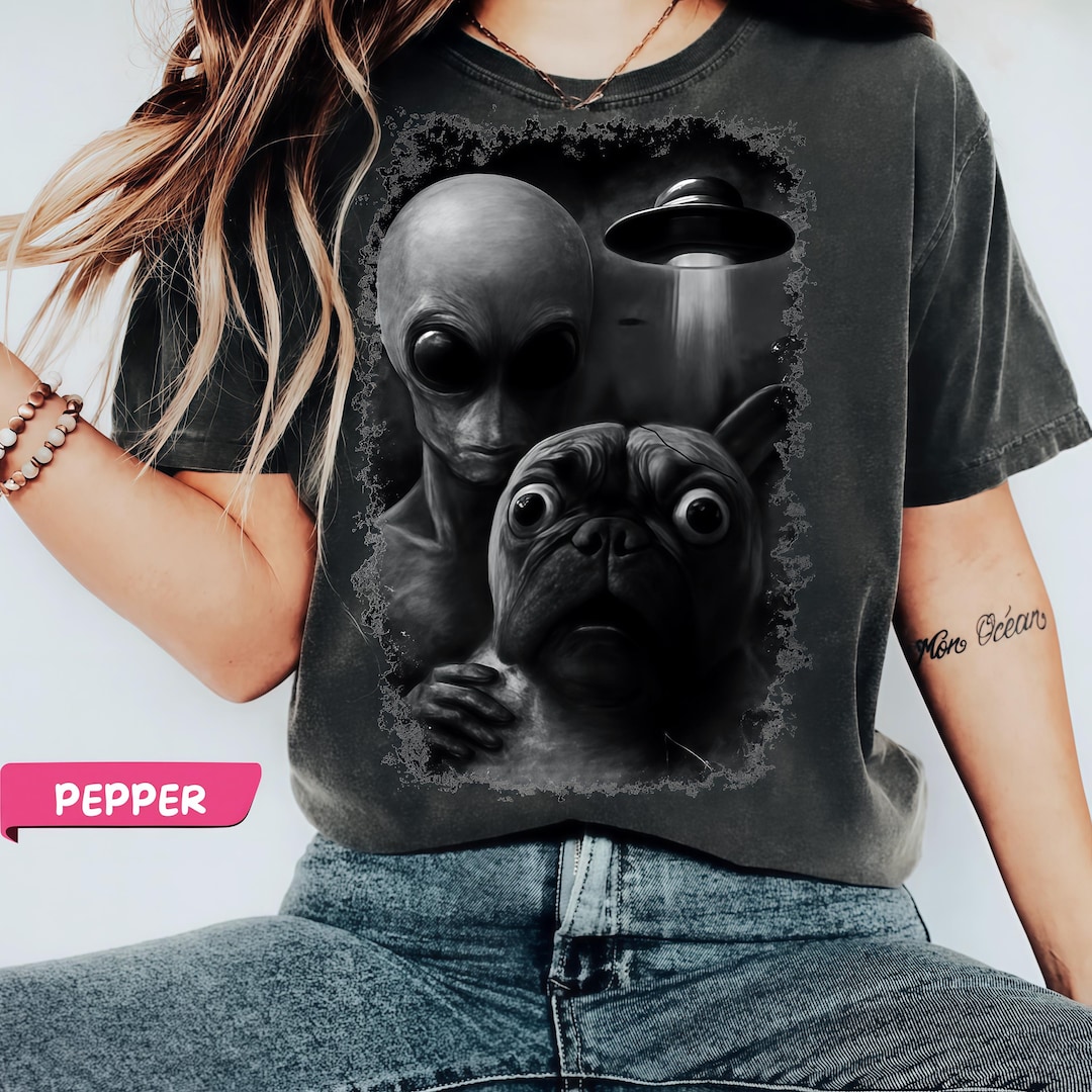 French Bulldog and UFO Alien Design Shirt, Funny Dog and Alien Graphic ...