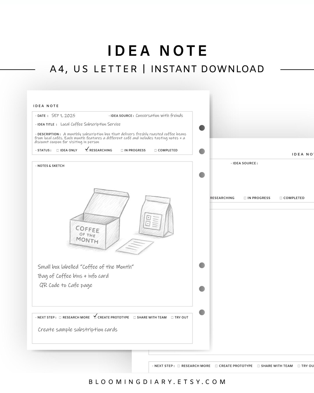 Idea Note Template | Creative Brainstorming Journal | Printable A4, US ...