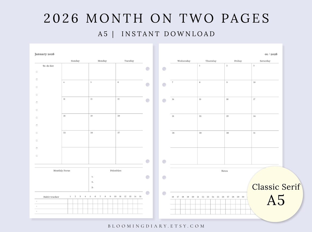 2026 A5 Monthly Planner Printable | Minimalist Dated Calendar With To ...