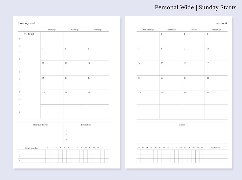 2026 Monthly Planner Printable | Personal Wide | Minimalist Dated ...