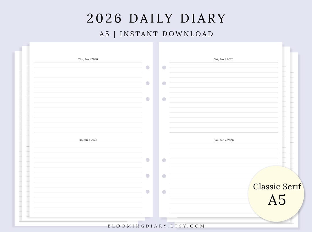 2026 Daily Planner Printable | A5 Dated Planner | Minimal Lined Diary ...