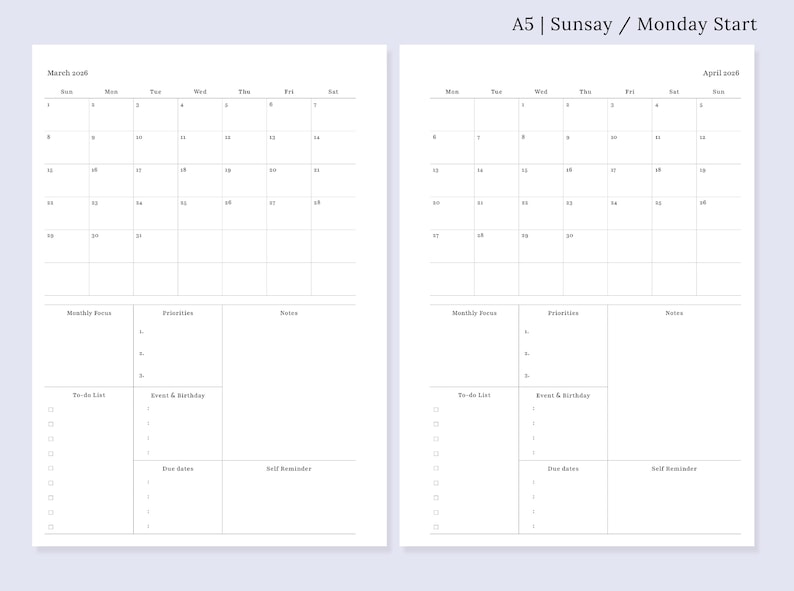 2026 Monthly Diary Templates | A5 Printable Planner Inserts | MO1P ...
