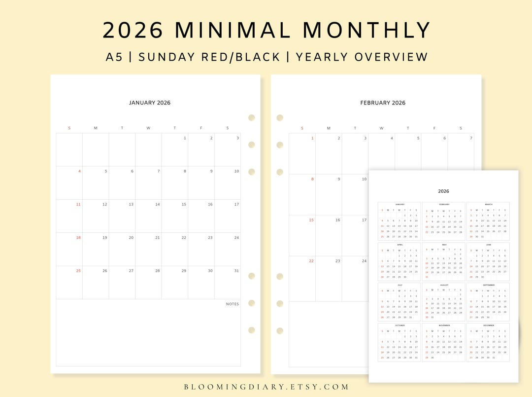 2026 Printable Monthly Planner | Minimal Calendar | A5 · PDF | Sunday ...