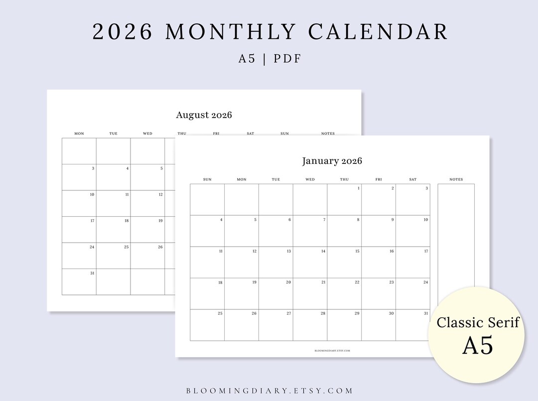 2026 Printable Calendar | A5 Minimalist Horizontal Monthly Planner | 12 ...