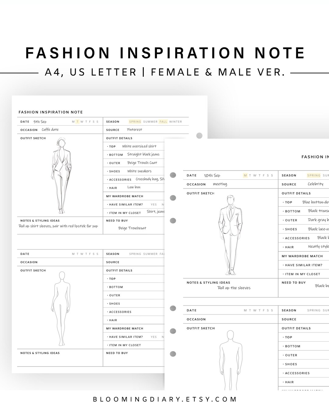 Fashion Inspiration Note | Outfit Sketch Template | Wardrobe Planner ...