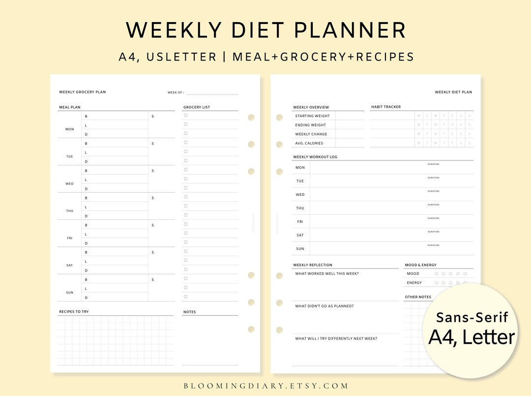 Weekly Diet Planner Printable A4 Letter | Meal Plan + Grocery List ...