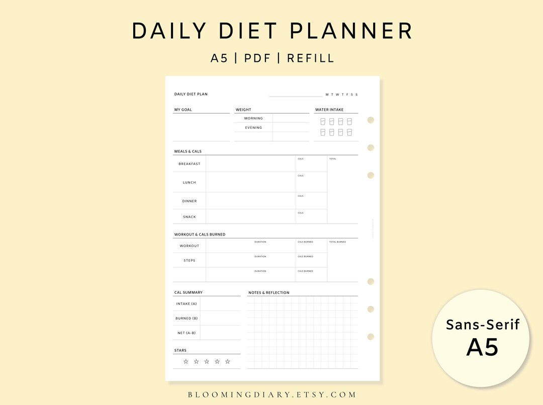 Daily Diet Planner Printable | A5 Size Diet Log Refill | Meal & Calorie ...