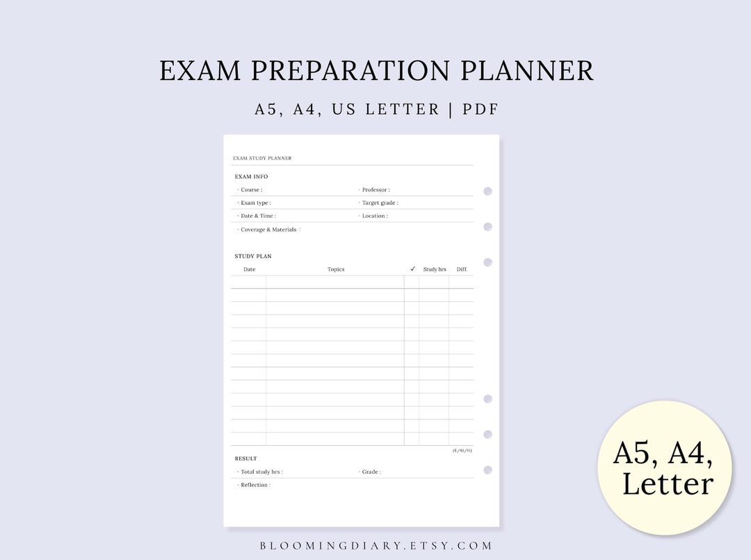 Exam Preparation Planner | A5, A4, Usletter Printable Study Schedule ...