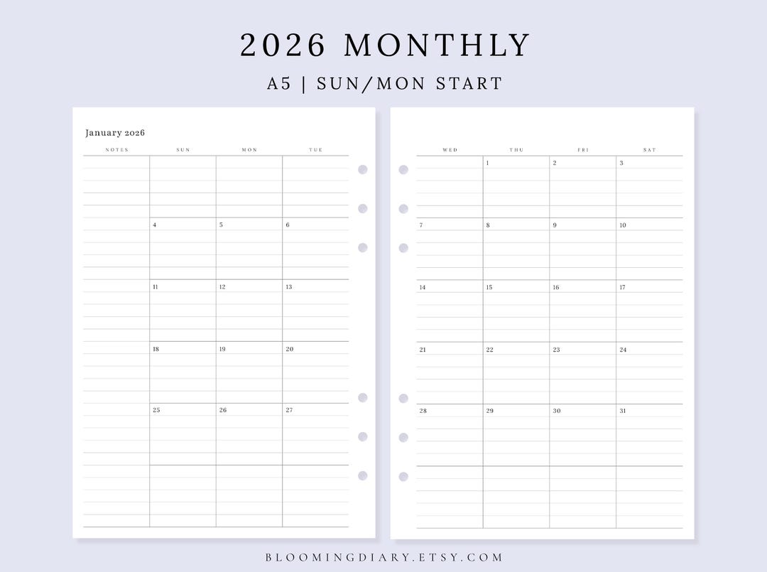 2026 Monthly Calendar | A5 Monthly Planner | 12 Month Calendar, Monthly ...