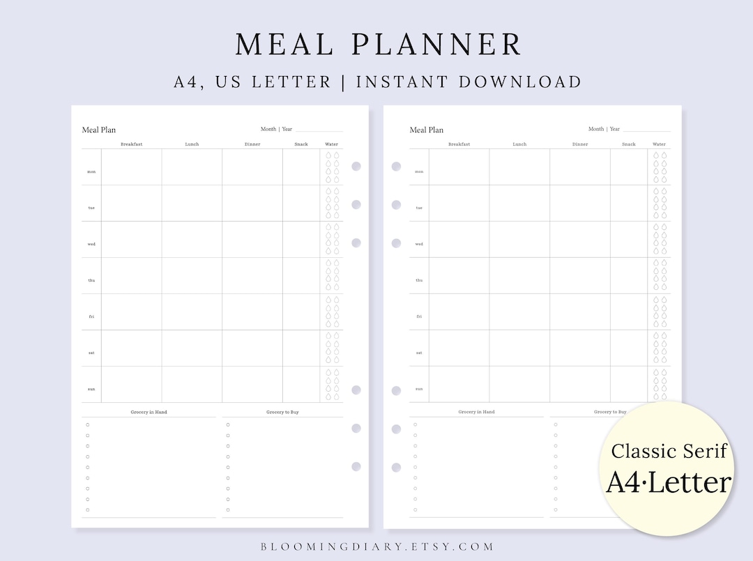 Meal Planner Printable | A4, US Letter | Weekly Food & Grocery Tracker ...