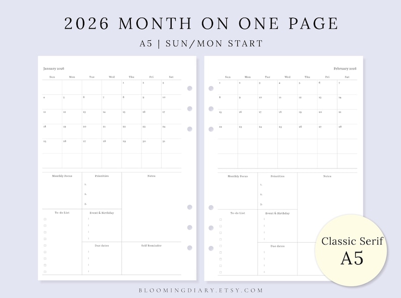 2026 Monthly Diary Templates | A5 Printable Planner Inserts | MO1P ...