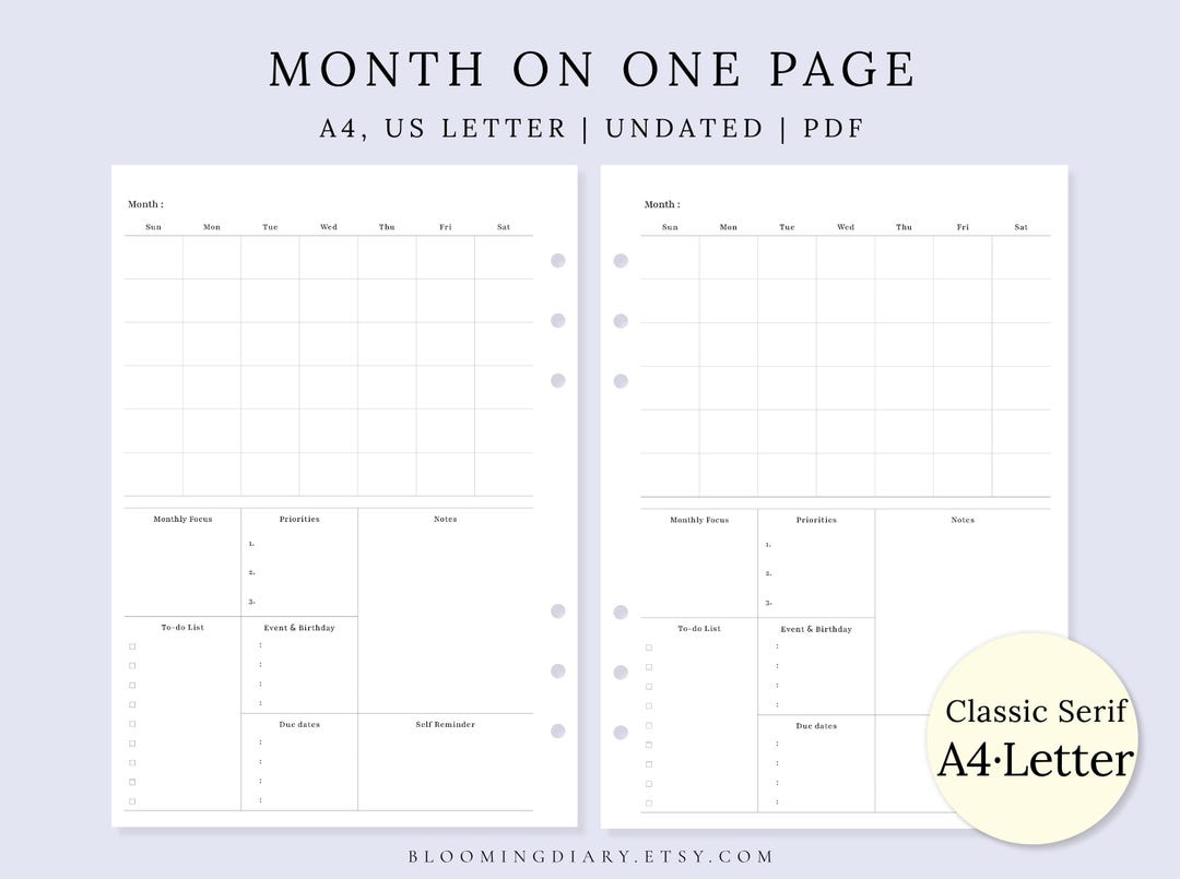 Monthly Diary Templates | A4, US Letter Printable Planner Inserts ...