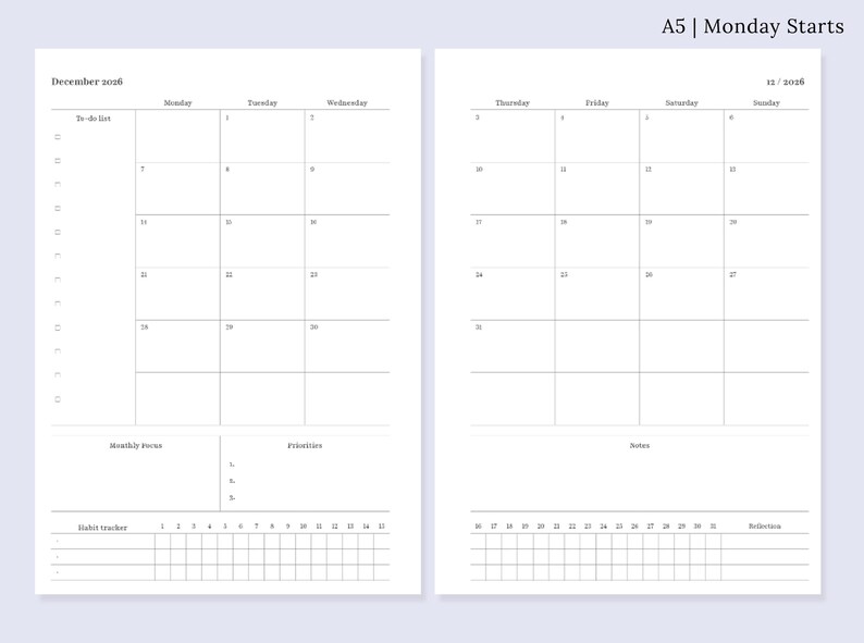 2026 Monthly Diary Templates | A5 Printable Planner Inserts | MO1P ...