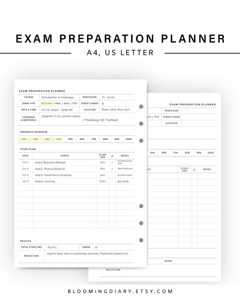 Exam Preparation Planner | A4, US Letter Printable Study Schedule ...