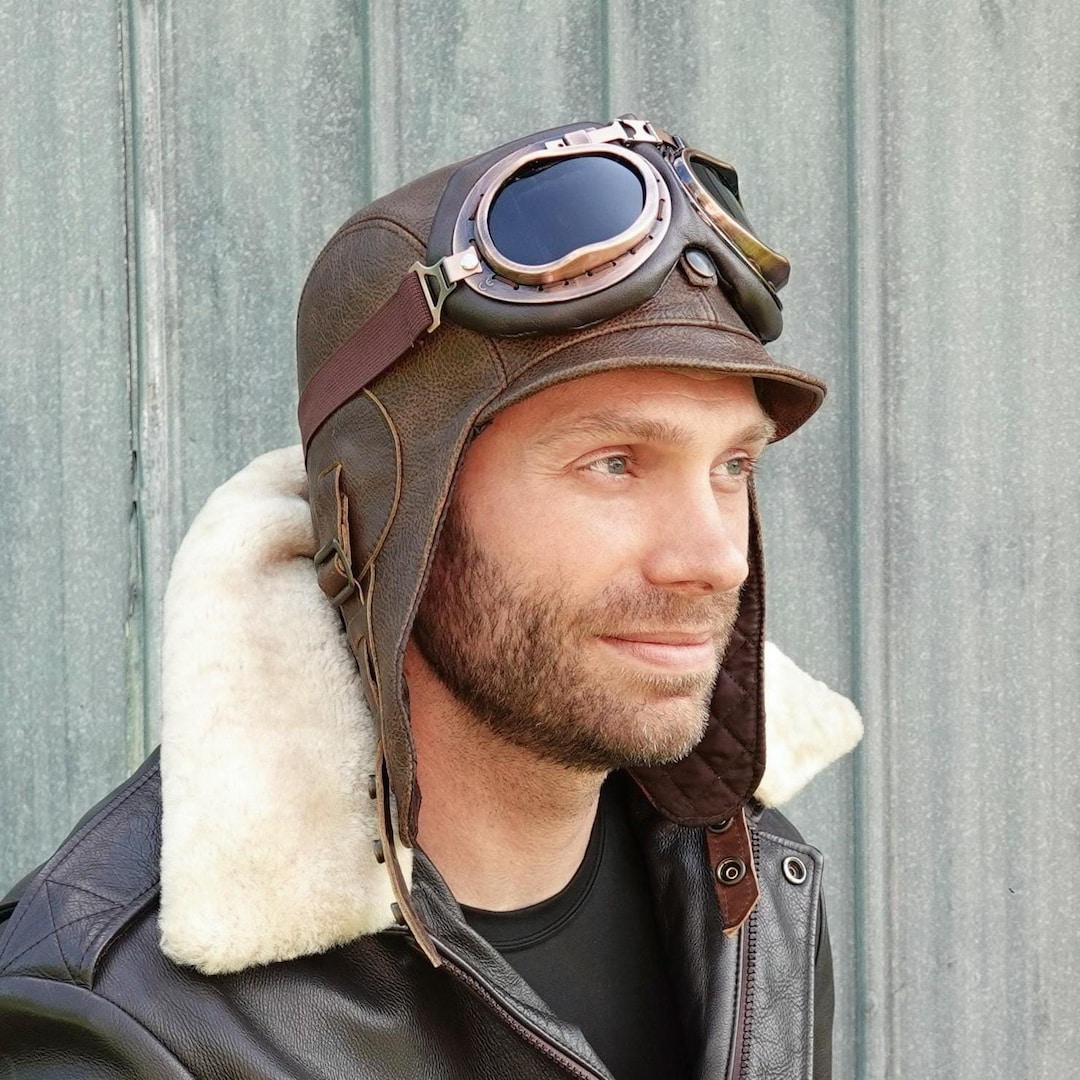 Chestnut Brown Leather Aviator Hat, Pilot Style Helmet, Convertible ...