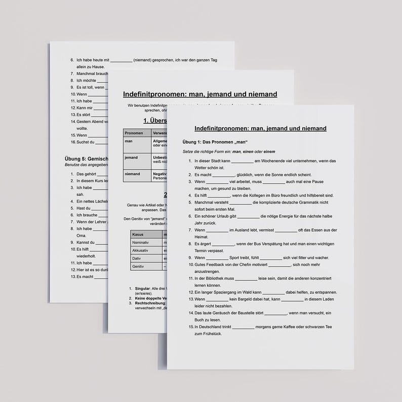 German Indefinite Pronouns Worksheet – Man, Jemand & Niemand – A2–B1 ...
