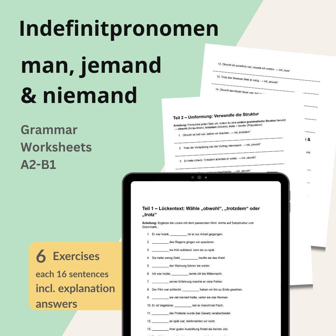 German Indefinite Pronouns Worksheet – Man, Jemand & Niemand – A2–B1 ...