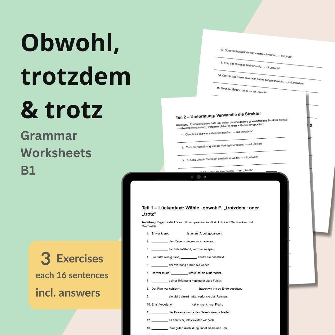 German Conjunctions Worksheet – Obwohl, Trotzdem, Trotz – DAF/DAZ B1 ...