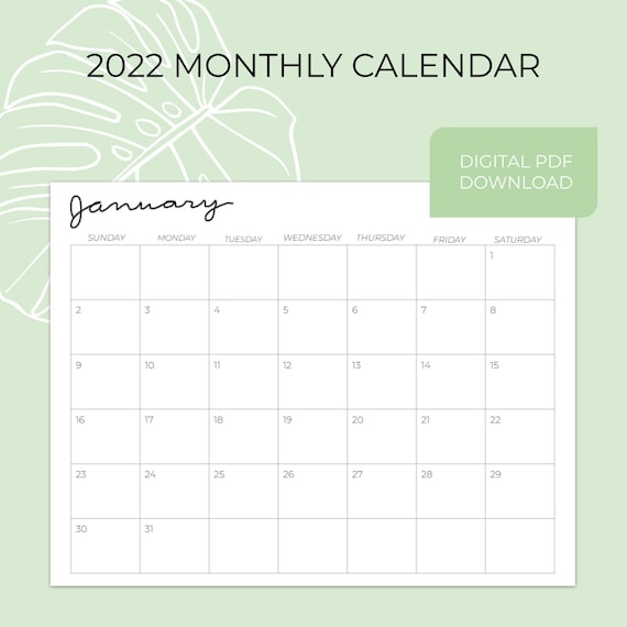 2022 Monthly Calendar Instant Download PDF Printable | Etsy